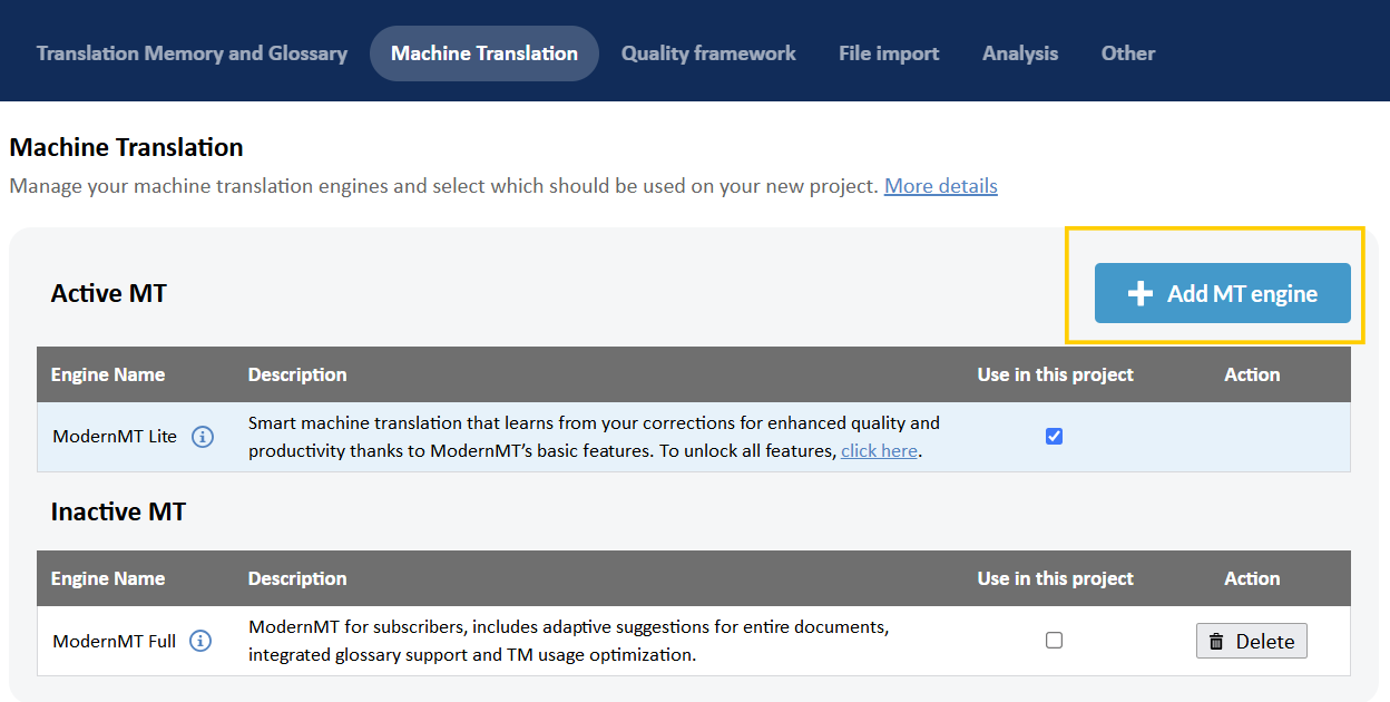 Available Machine Translation Providers