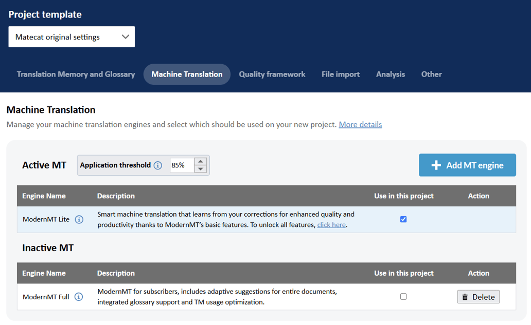 Machine Translation Settings