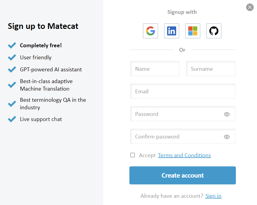 Signing into Matecat