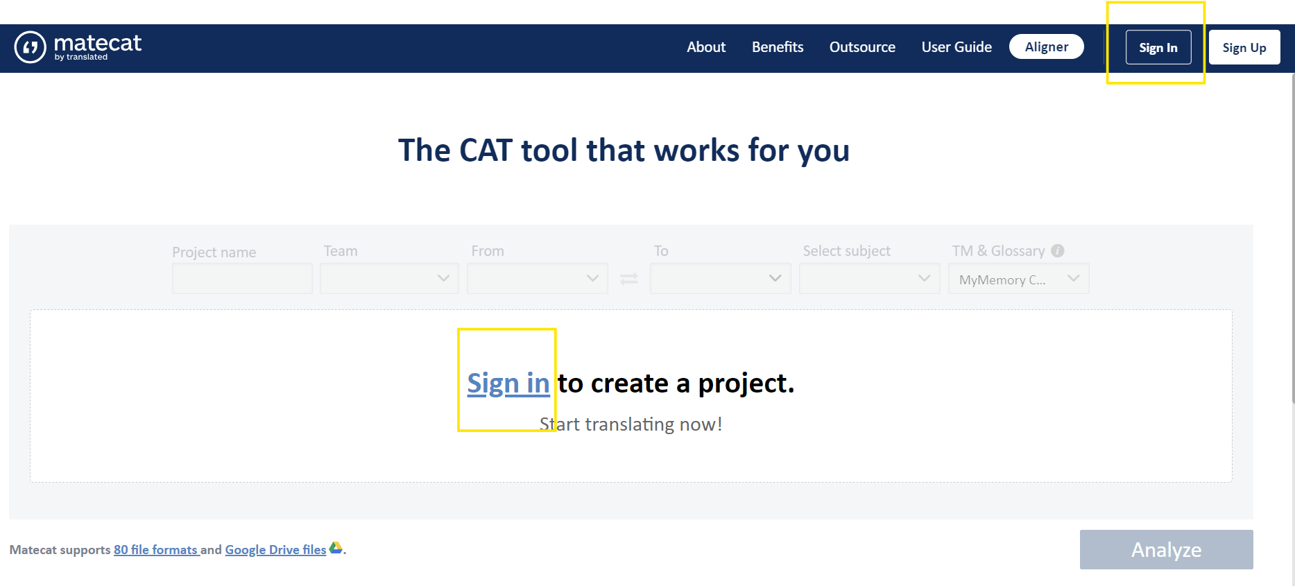 Signing into Matecat