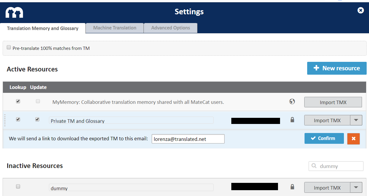 Create a private translation memory
